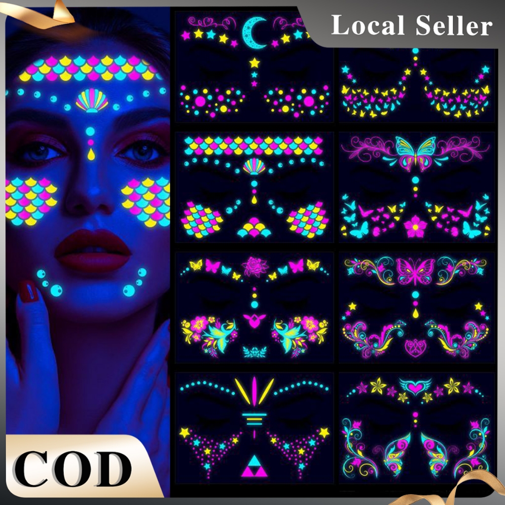 8Pcs Glow In Dark Face Body Stickers Waterproof UV Neon Tattoos For ...