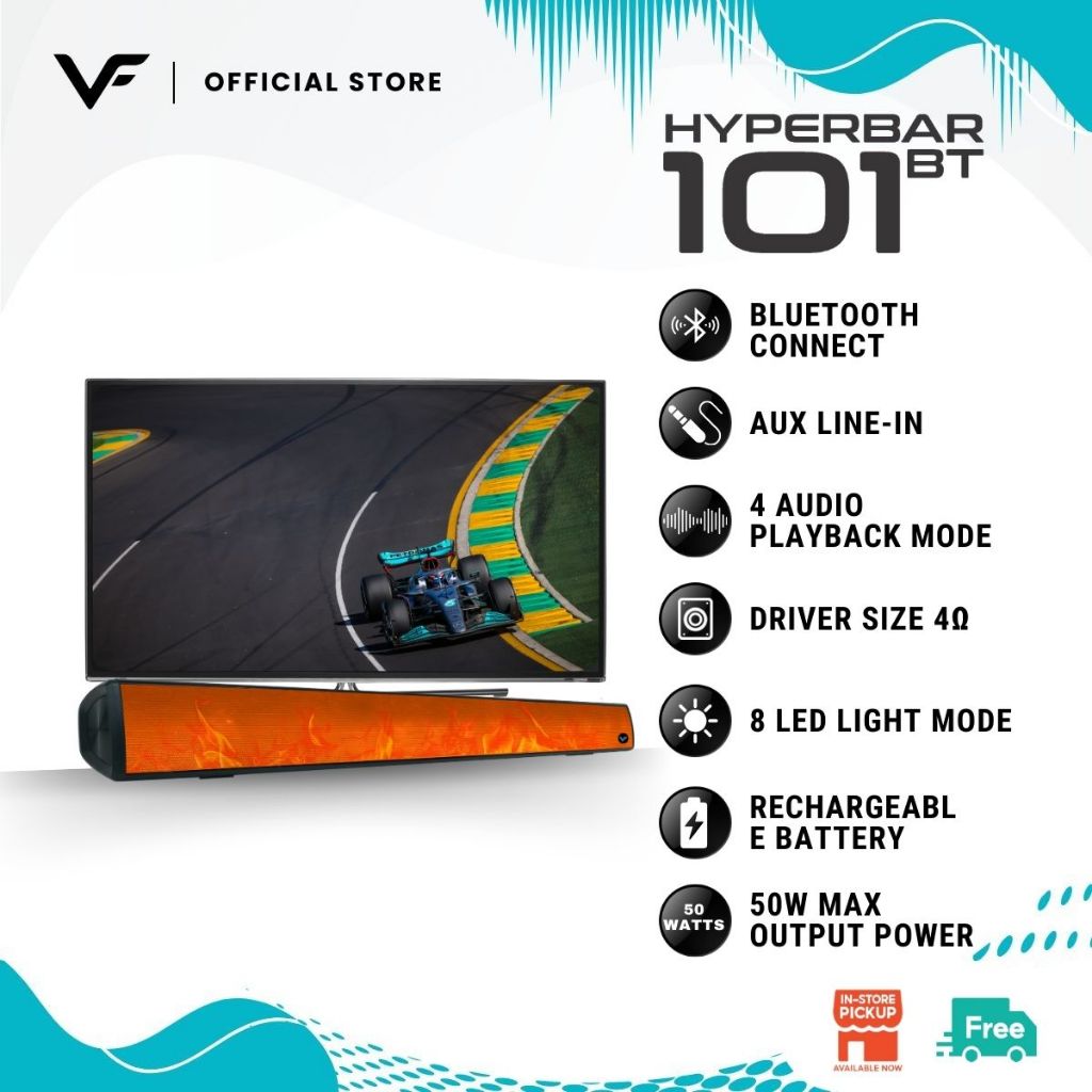 Vinnfier VF Hyperbar 101 BT Bluetooth 50W Home TV Soundbar with 8 Light Show LED USB Driver ...