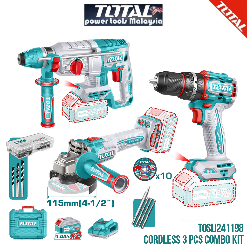 TOTAL Li-ion Combo Kit (3 Pcs, Brushless) Impact Drill+ Angle Grinder+ ...