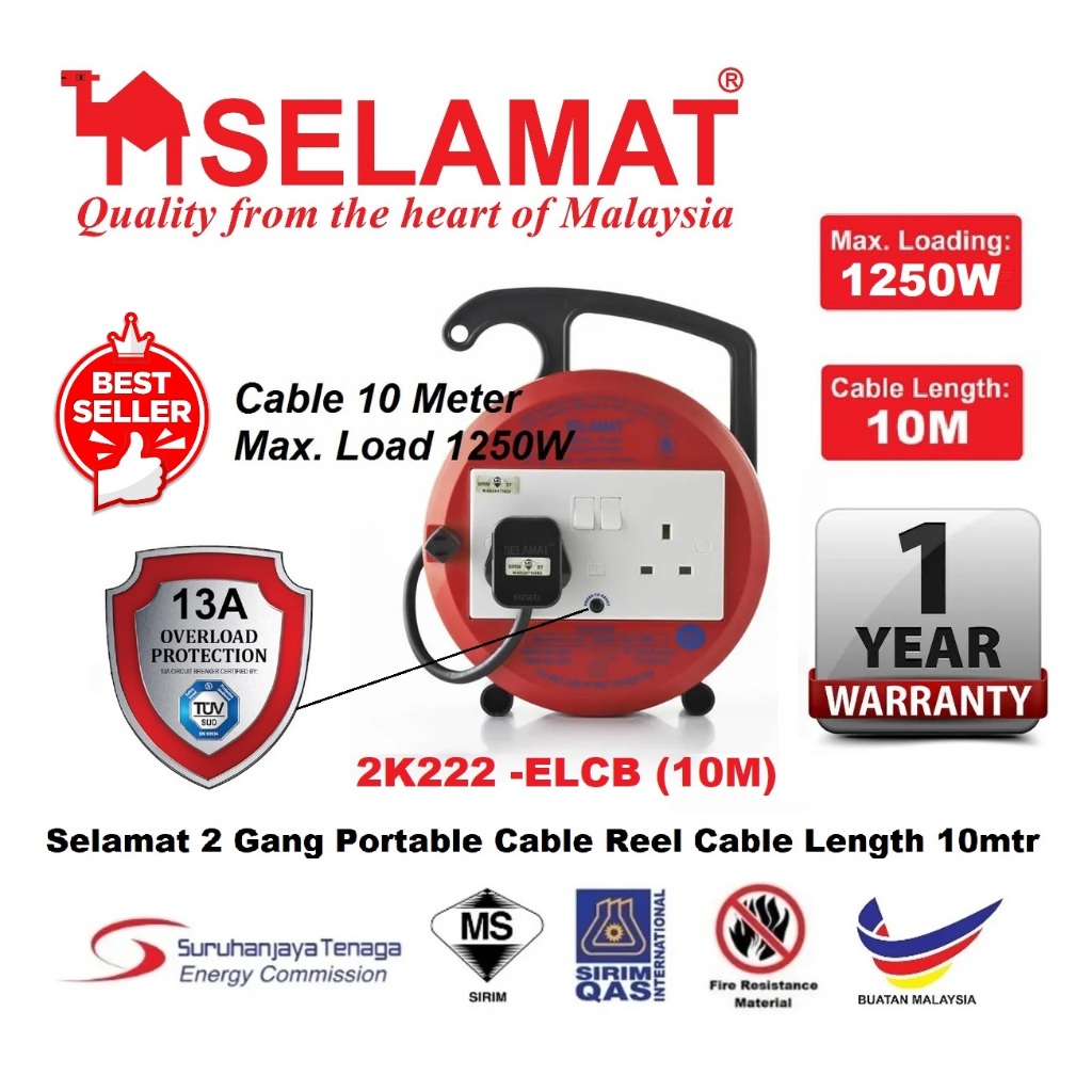 Selamat 2K222-ELCB 10mtr Double Socket Cable Reel (Max. Load 1250W ...