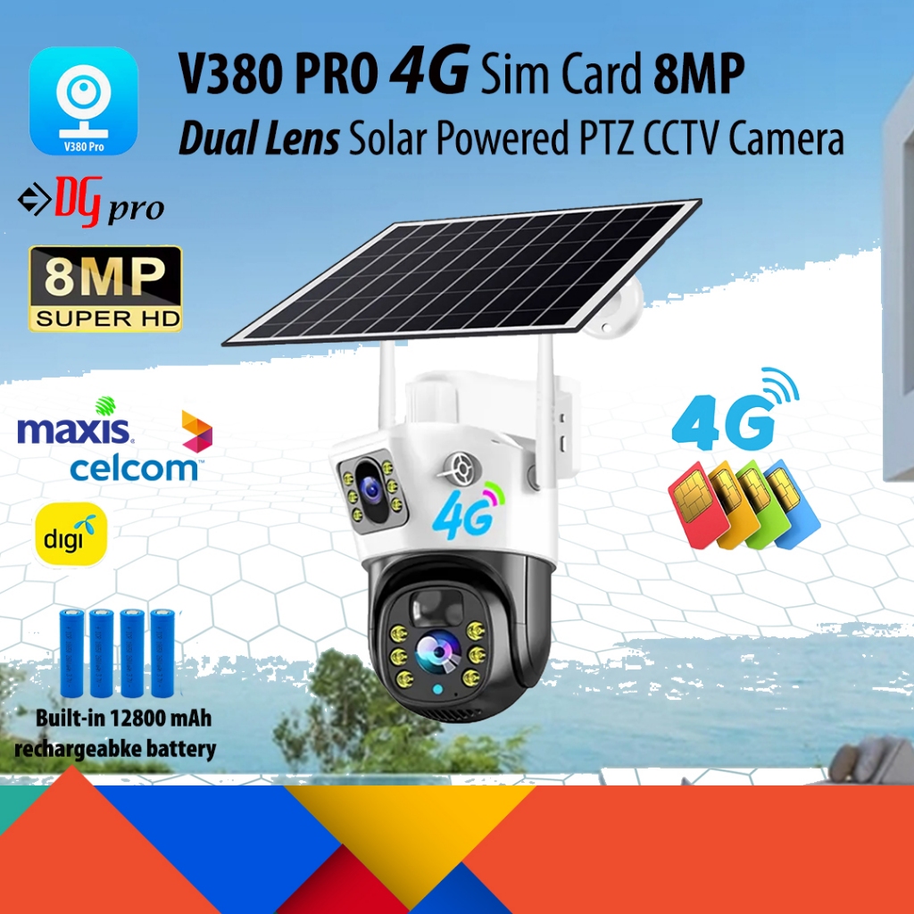 V380 PRO Dual Lens 4G Sim Card / Wifi 8MP Solar Battery Powered PTZ Weatherproof Wireless CCTV ...