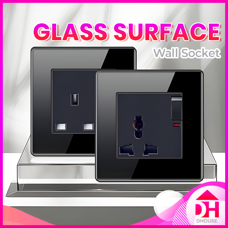 Universal Adapter Tempered Glass Wall Full Black Switch 13A 3 Pin Plug ...
