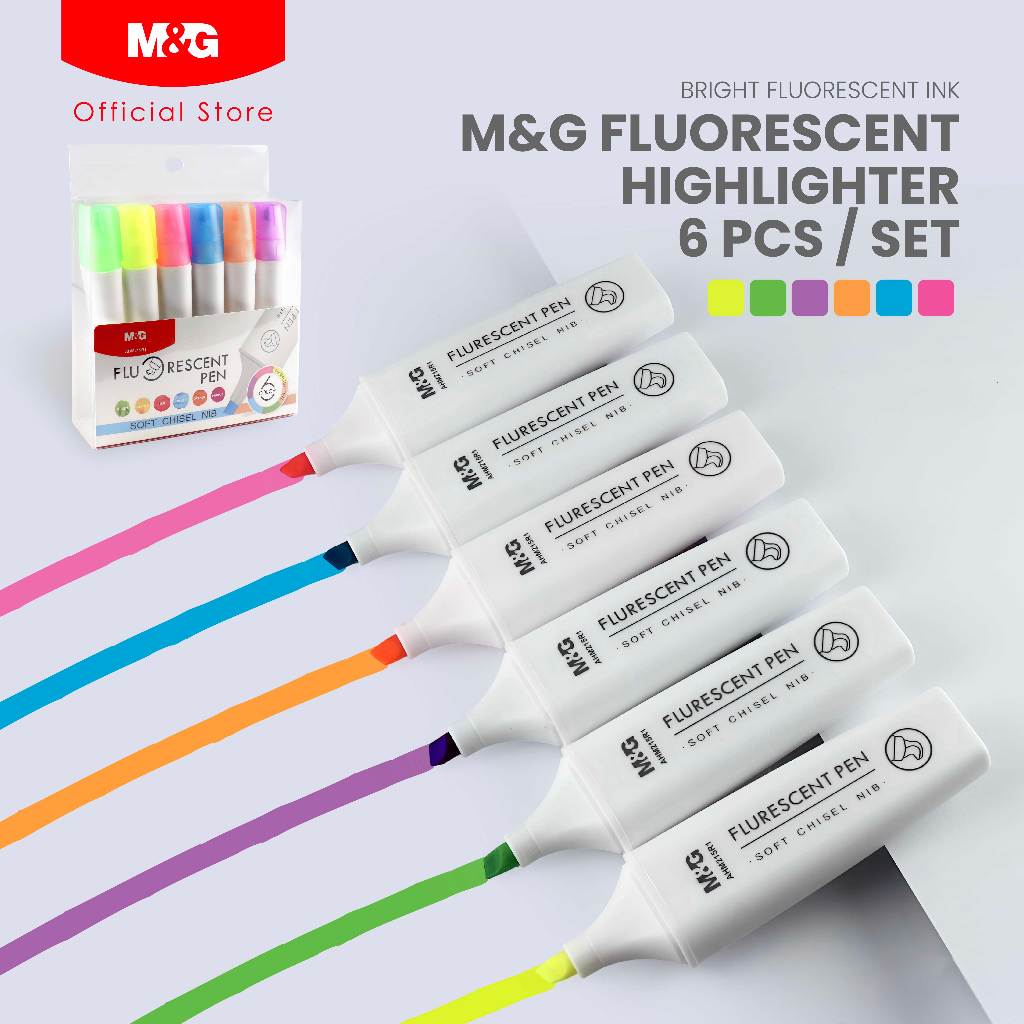 M&G Fluorescent Smooth-Glide Highlighter Pen Set AHM215R1 - 6 Colours ...