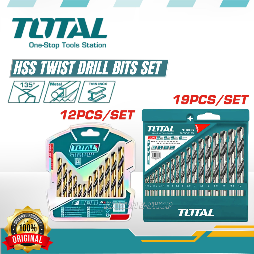 TOTAL TACSD0125 (12pcs) / TACSD0195 (19pcs) HSS Twist Drill Bits Set 1 ...