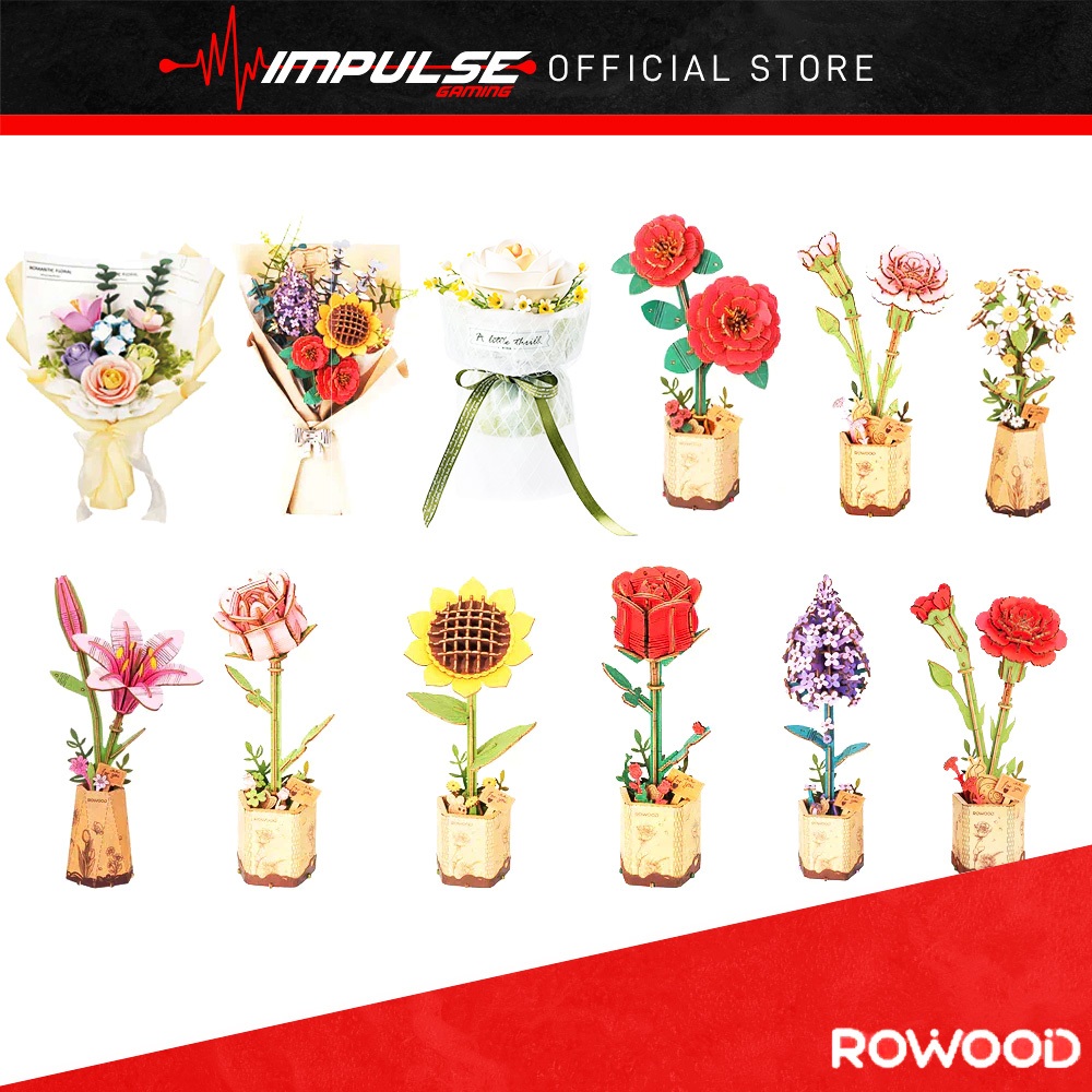 Robotime Rowood Flower Series 1 - Pink Rose, Red Camellia, Sunflower ...