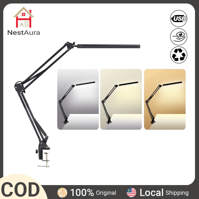 LED Folding Metal Desk Lamp Clip On Light Clamp Long Arm Dimming Table ...