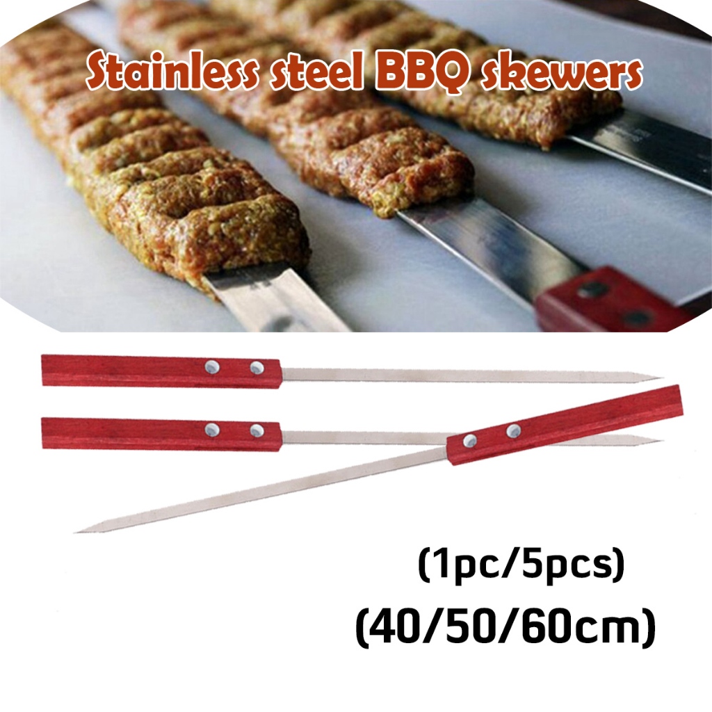 5PCS BBQ Metal Sticks Anti-slip Wooden Handle Stainless Steel Barbecue ...