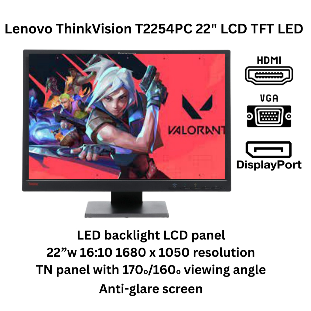 Lenovo ThinkVision T2254PC 22" LCD TFT LED Widescreen Monitor VGA HDMI ...