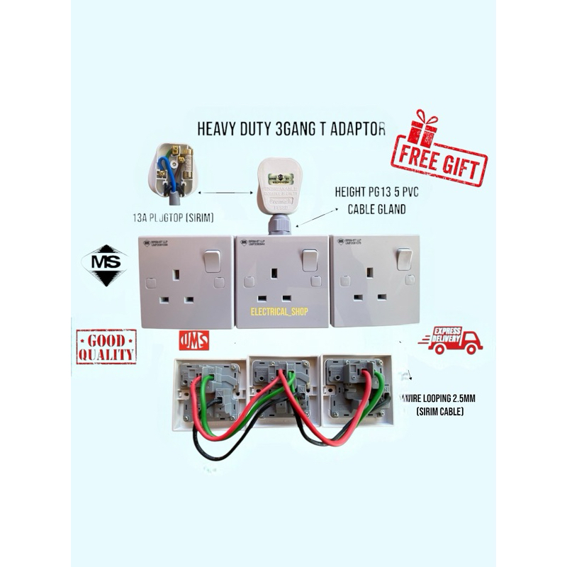 HEAVY DUTY WALL Extension 2/3 Gang T Adaptor Socket Extension Socket 3 ...