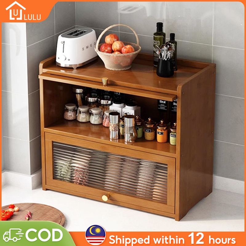 LULU Kitchen Cabinet 2/3 Layers Kabinet Dapur Bamboo Almari Storage Rack Seasoning Storage ...
