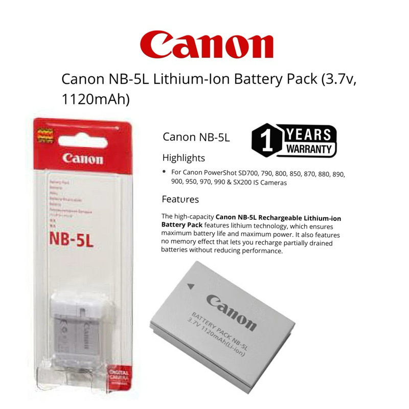 CANON NB-5L (1120 MAH) RECHARGEABLE LITHIUM-ION BATTERY PACK FOR CANON ...