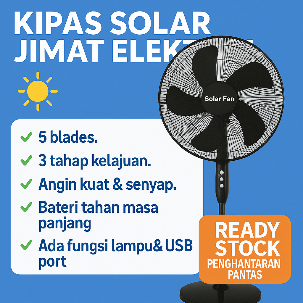 JUALAN HEBAT Solar Fan Solar Rechargeable Stand Fan / Kipas Solar ...