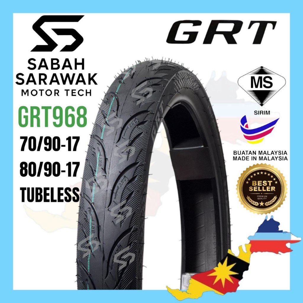 TAYAR MOTORCYCLE GRT 968 CICAK TUBELESS TYRE GECKO GRIP 70/90-17 80/90 ...