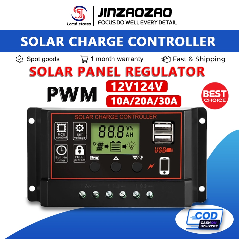 Solar Charge Controller 12V/24V PWM 10A 20A 30A with Adjustable LCD Display Timer Setting Dual ...