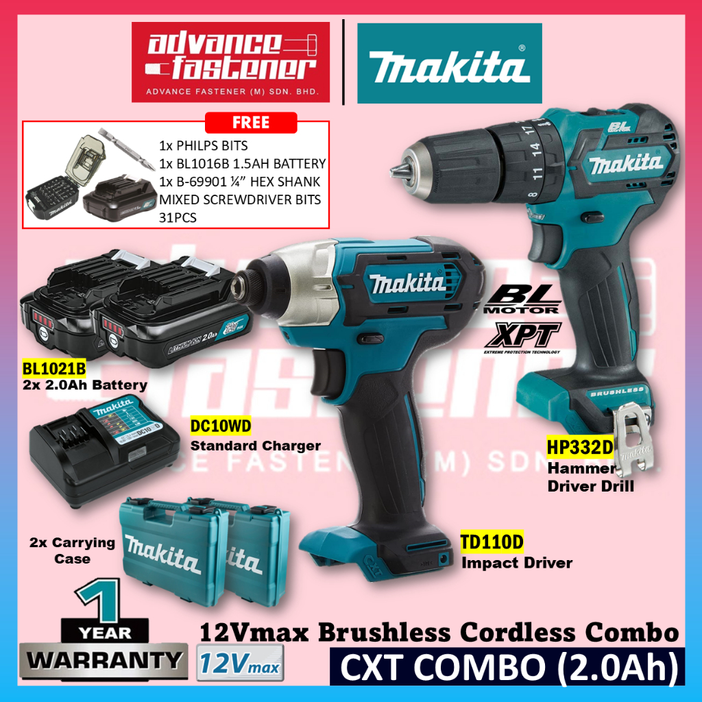 MAKITA 12Vmax Brushless Cordless Combo ( HP332D Hammer Driver Drill / TD110D Impact Driver ...
