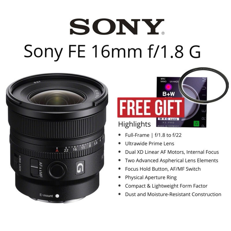SONY FE 16MM F/1.8G LENS FULL FRAME ULTRAWIDE PRIME LENS DUAL XD LINEAR ...