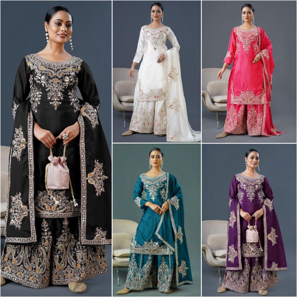 Pure Chinnon With Heavy Embroidery Coding Dori Sequence Work Top Bottom And Dupatta Set Fully ...