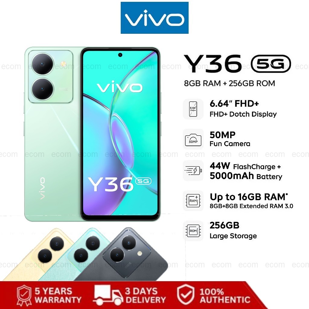 PROMOTION~VIVO Y36 5G 8GB RAM +256GB ROM Smartphone 44W FlashCharge + 5000 mAh 50MP Fun Camera 6 ...