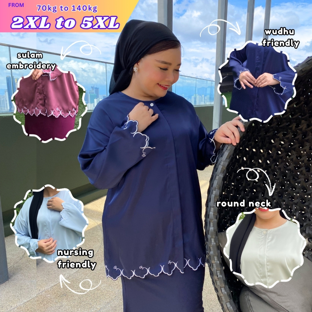 Plus Size (2XL-5XL) Embroidery Sulam Premium Satin Long Blouse Muslimah ...