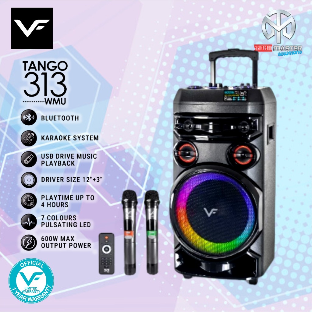 Vinnfier VF Tango 313 WMU 2024 MAX 600W Portable Trolley Karaoke Speaker Free 2 UHF Wireless Mic ...
