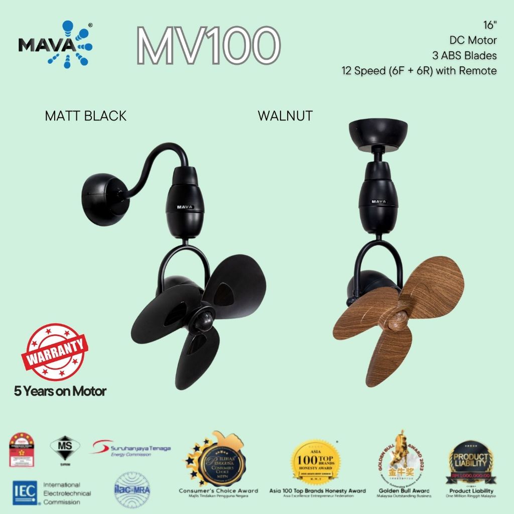 Mava MV100 16" Dual Mounted Wall & Ceiling DC Motor Remote Control fan ...