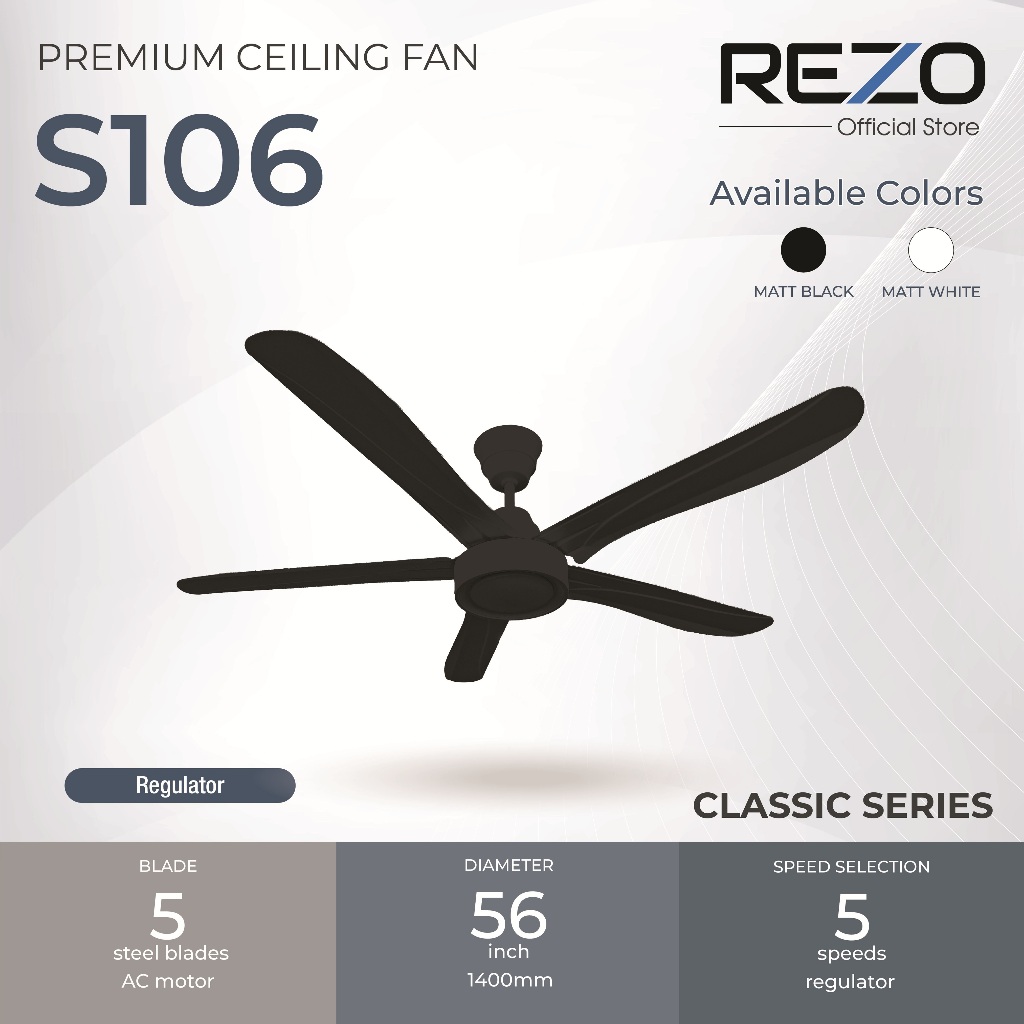 REZO Classic Series 56" 5 Blades AC Motor Ceiling Fan With Regulator ...