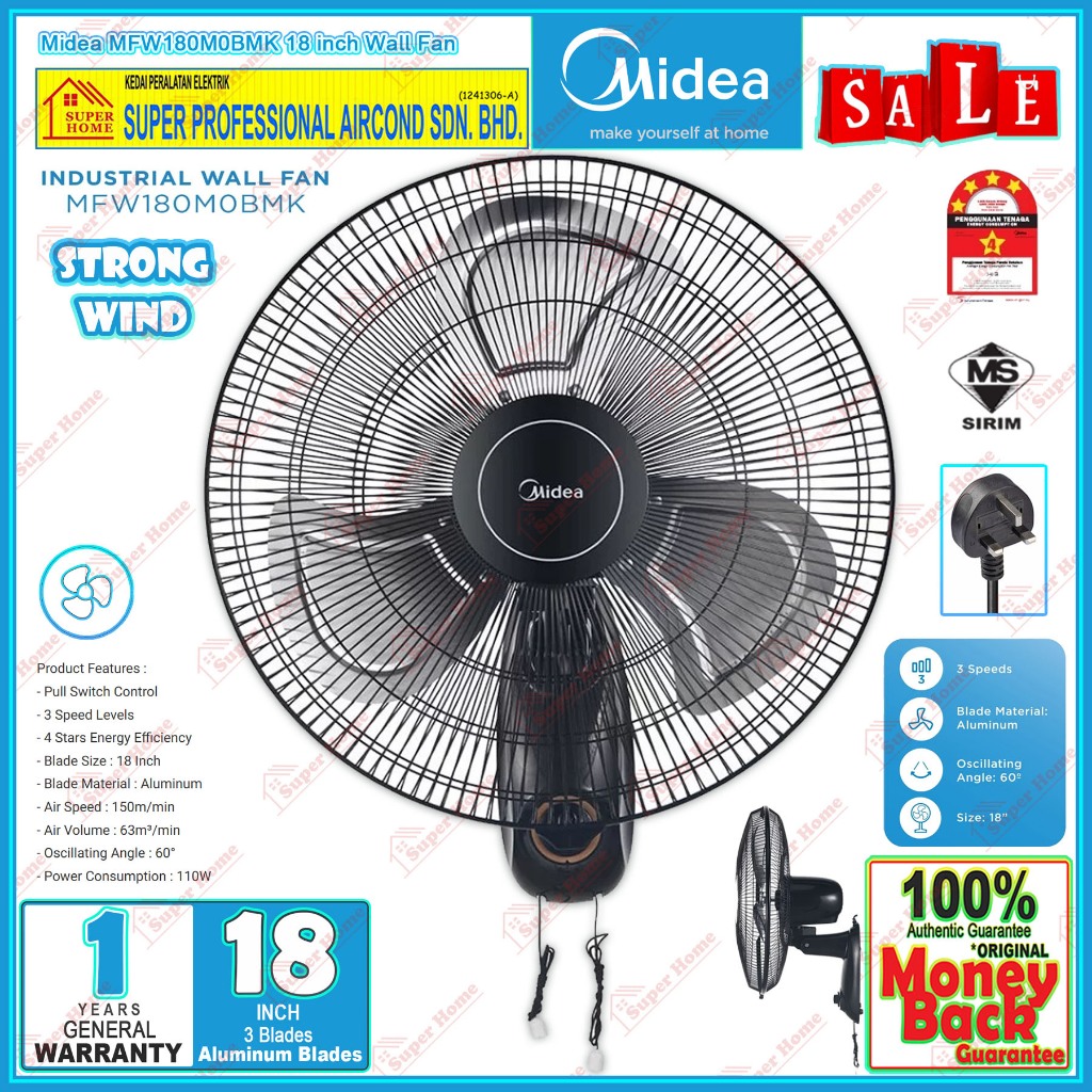 Midea Wall Fan MFW180M0BMK 18 Inch Industrial Wall Fan Aluminum Blade ...