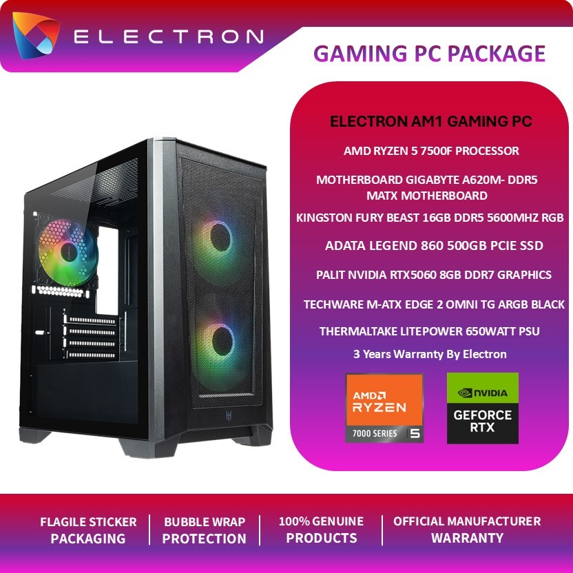 ELECTRON AM1 DIY GAMING PC PACKAGE ( AMD RYZEN R5-7500F, 16GB, 500GB SSD, NVIDIA RTX5060 8GB ...
