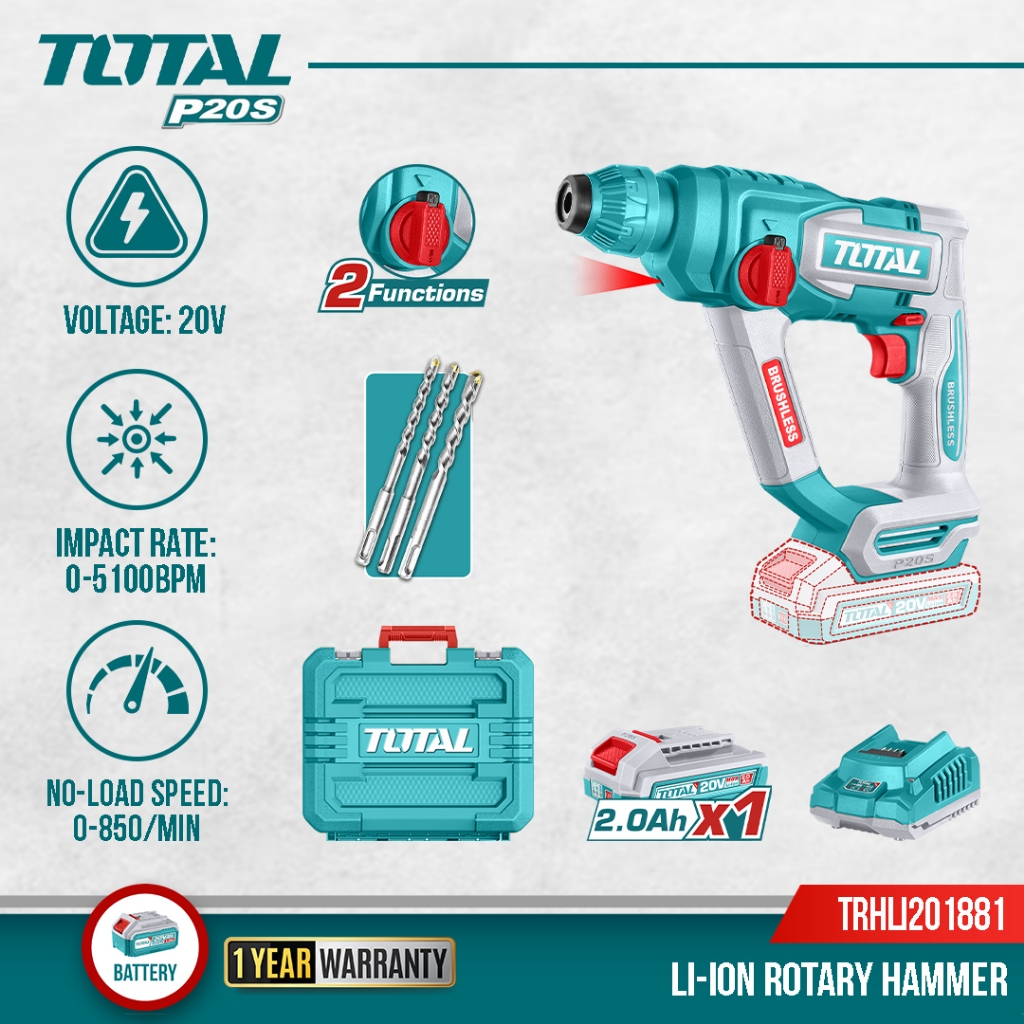 TOTAL Li-ion Rotary Hammer (1.8J, 2 Functions, SDS+) Drill Concrete ...