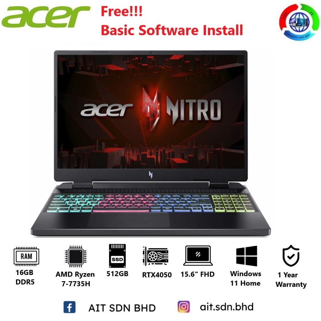 Acer Nitro 16 AN16-41-R79U 15.6"FHD Gaming Laptop AMD Ryzen 7-7735H ...