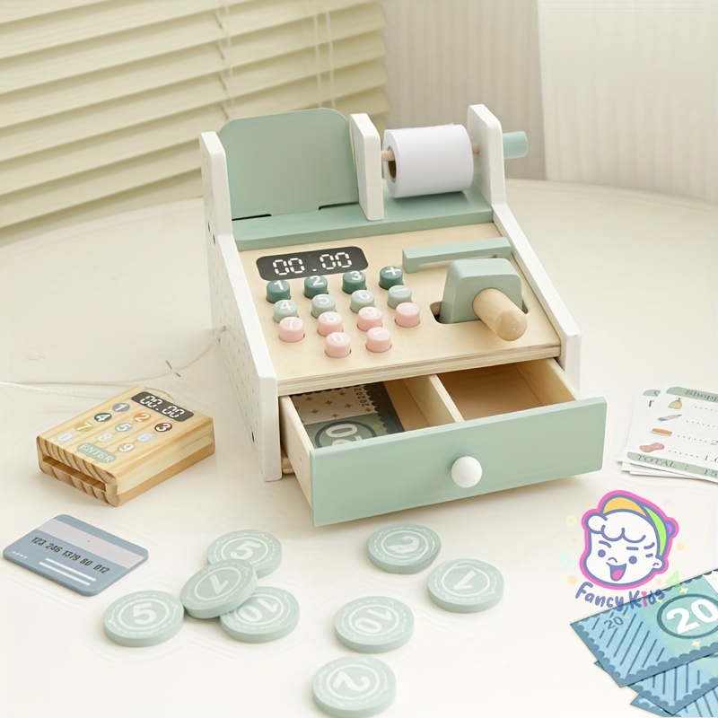 Wooden Toy Mini Cashier Cash Register with Play Money Coin Pretend Role ...
