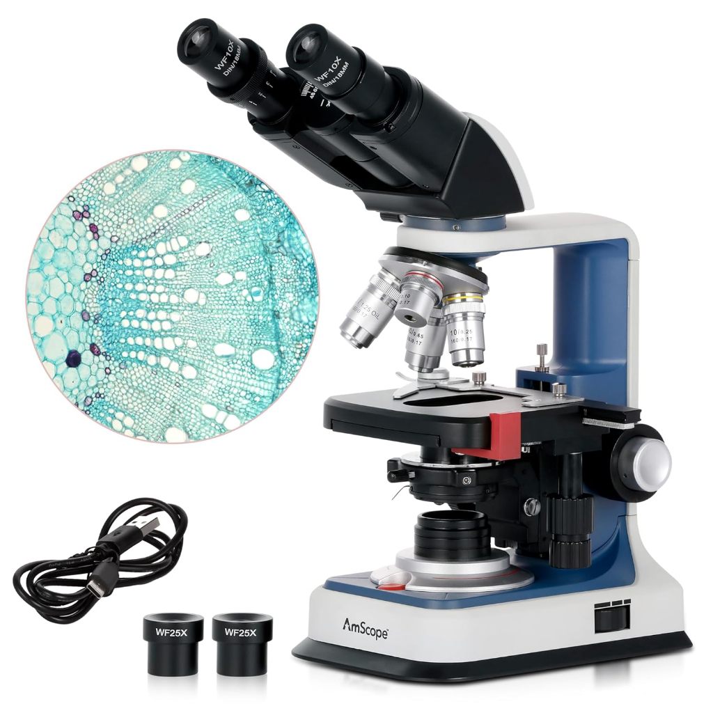 AmScope B120C-R 40X-2500X USB-C Rechargeable Battery-Powered Student Binocular Compound ...