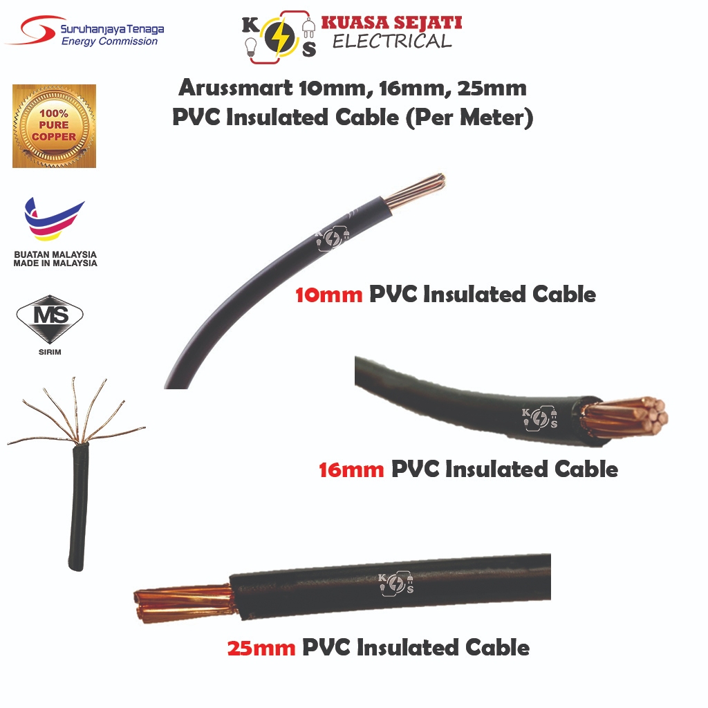 Arussmart 10mm / 16mm / 25mm PVC Insulated Cable (Black) (Sirim) (1 ...