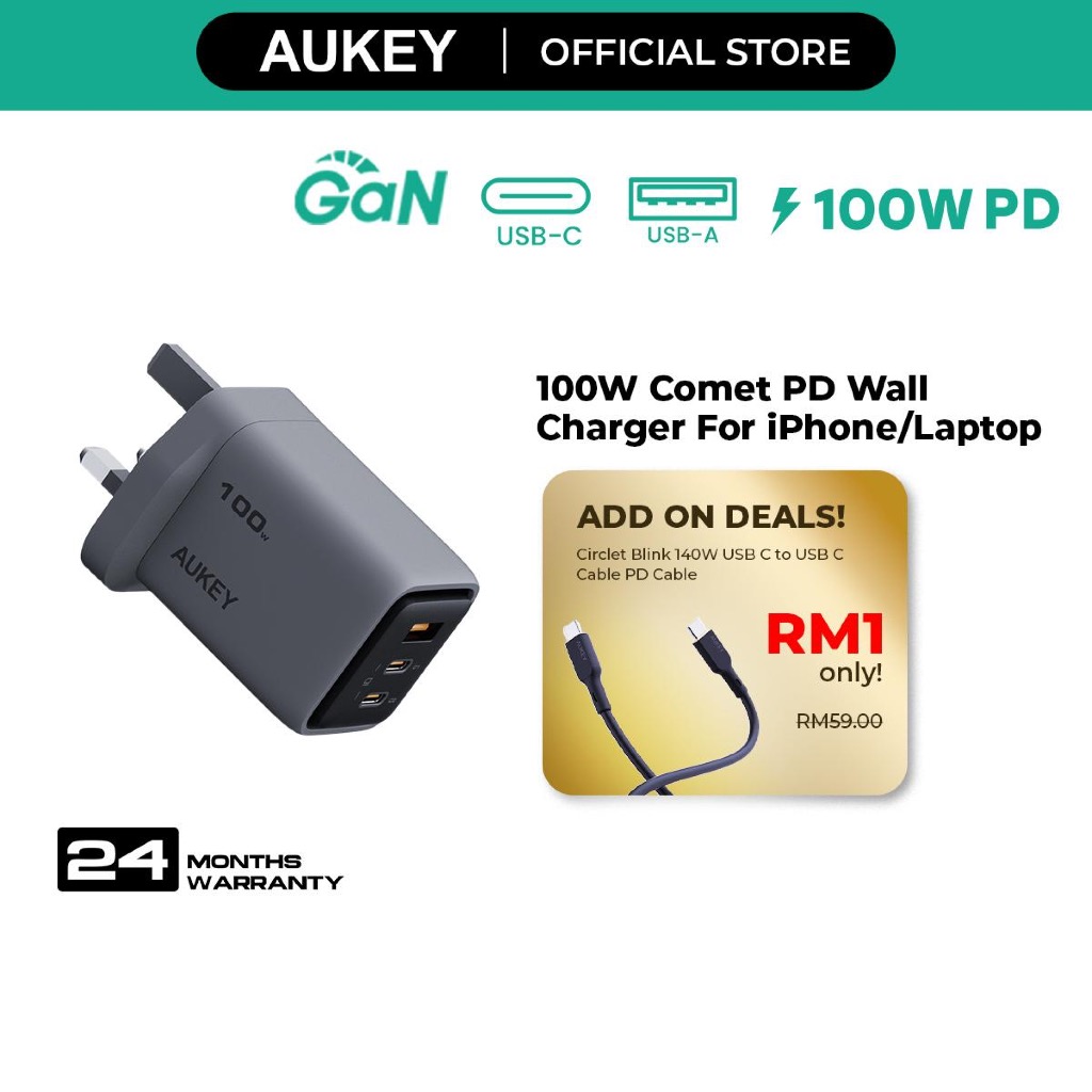 AUKEY PA-C5 Comet Mix 3 100W PD Wall Charger with GaN Technology ...