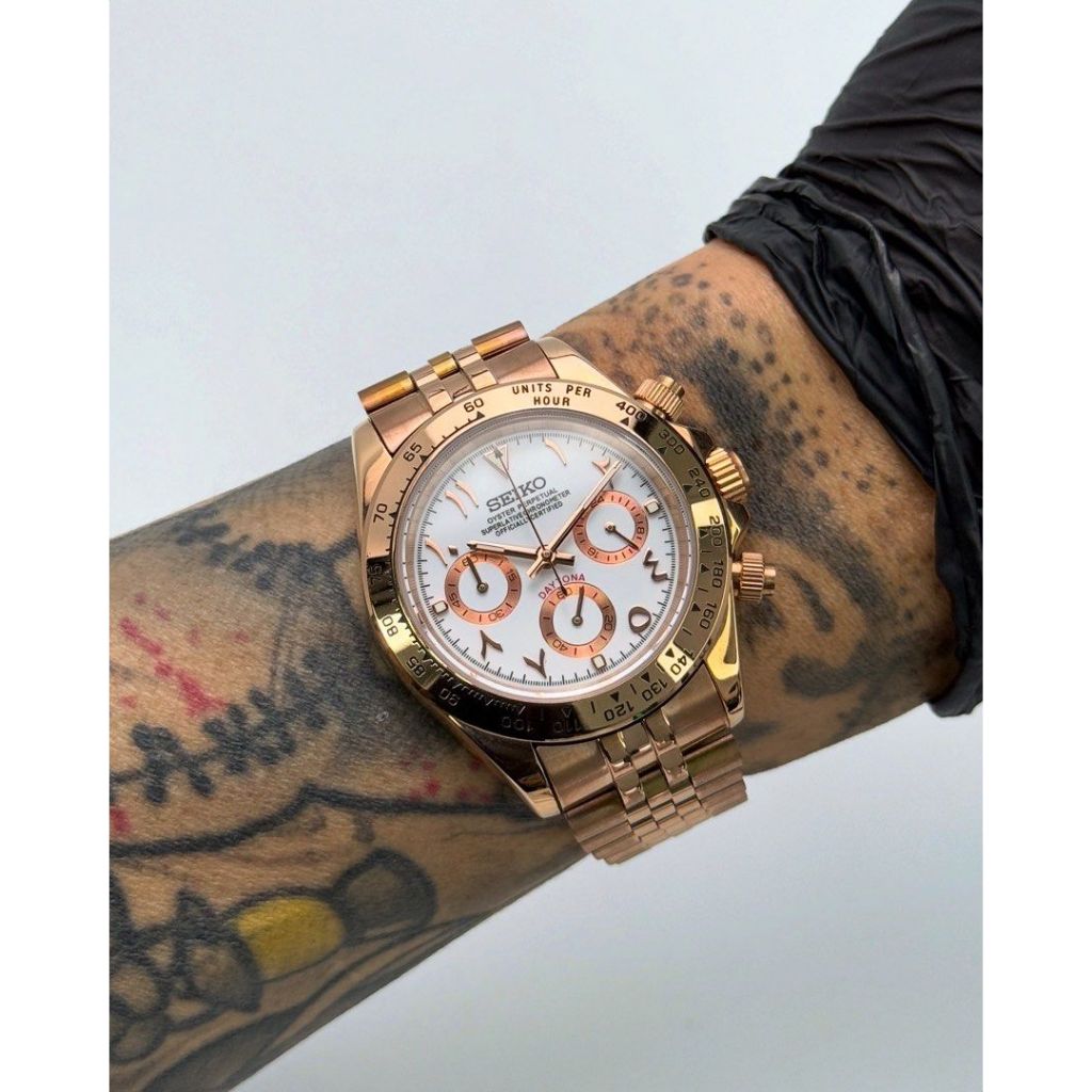 【Custom Seiko Mod 39.5mm White Rose Gold Arabic Daytona】 Custom Seiko ...