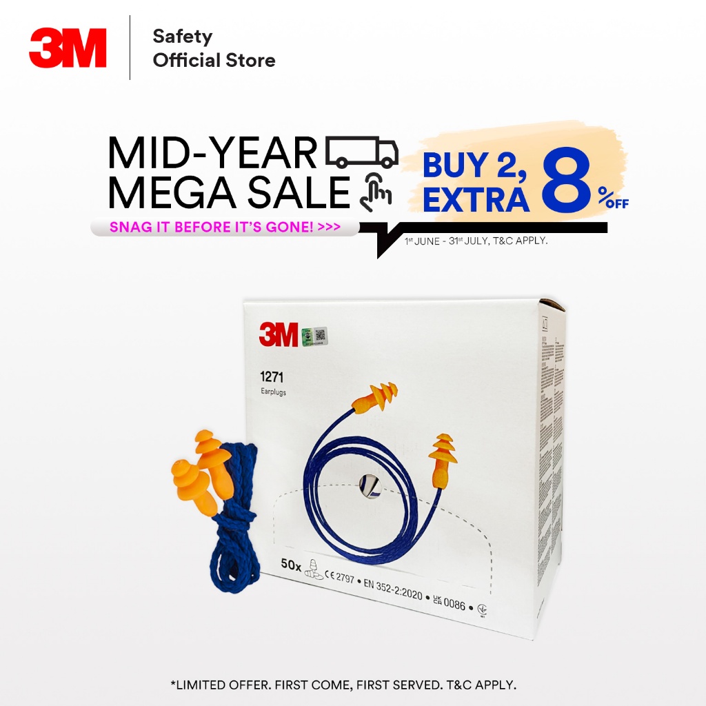 [Sell by Box] 3M™ 1271 Reusable Earplugs With Plastic Cord / Optional ...