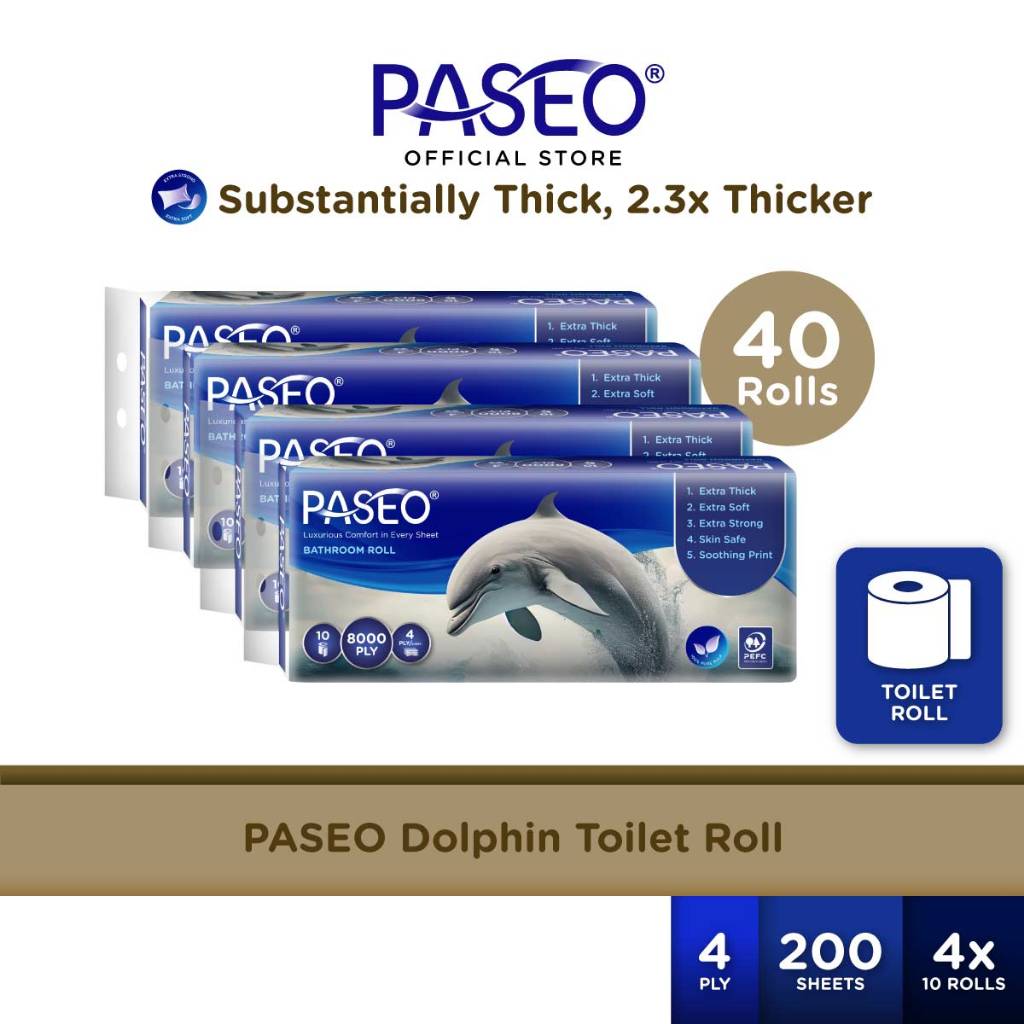[Bundle of 4] Paseo Dolphin Bathroom Roll (200's x 10 Rolls x 4 Bundles ...