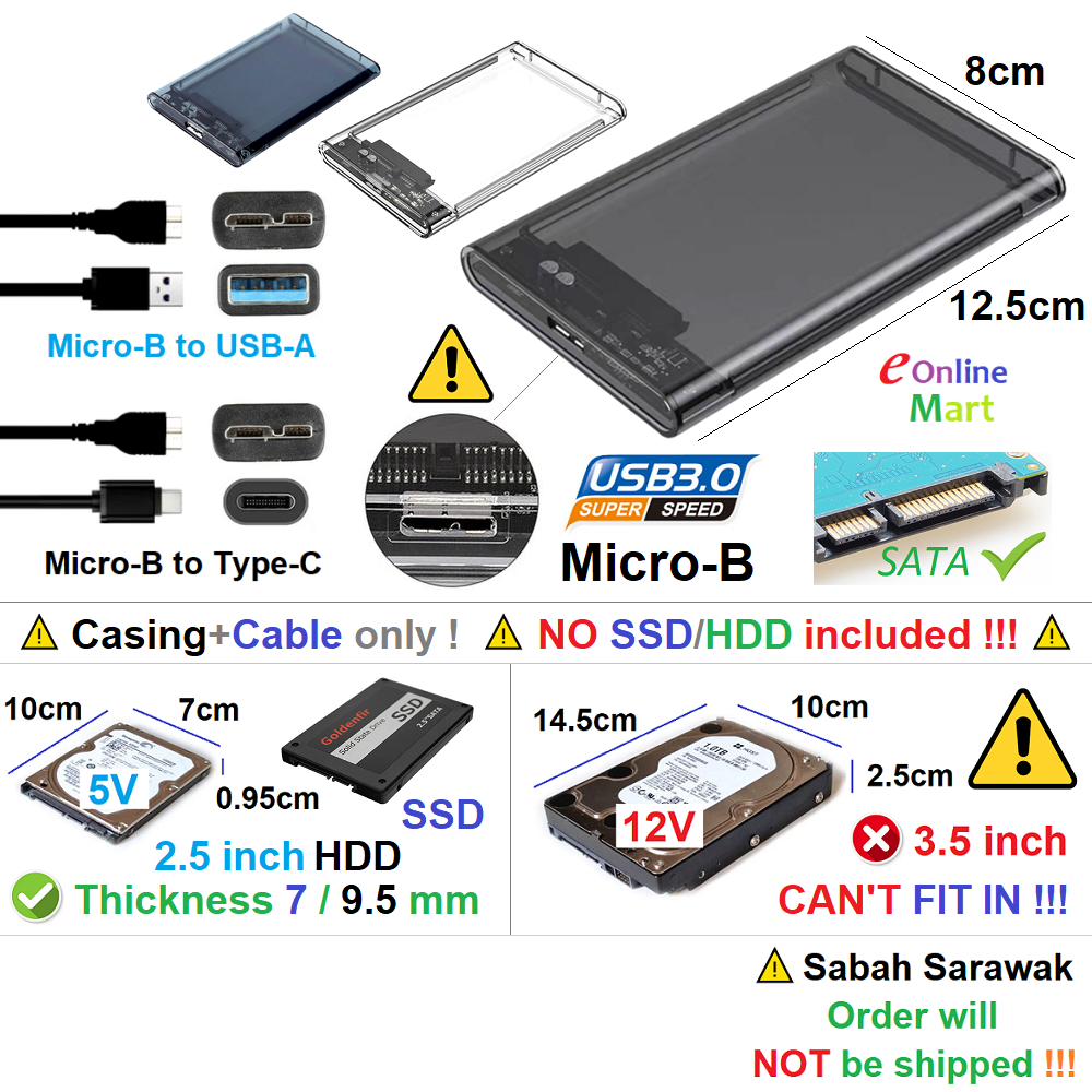 USB 3.0 2.5 inch SATA External Hard Disk Casing Tool-Free Transparent ...