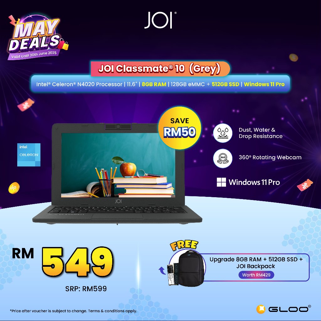 [FREE] JOI Classmate 10 (Celeron N4020,4GB,128GB eMMC,Intel UHD Graphics 600,11.6”HD,W10 Pro ...