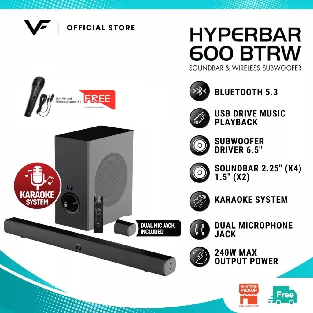 Vinnfier VF Hyperbar 600 BTRW 240W Soundbar with 6.5" Wireless ...