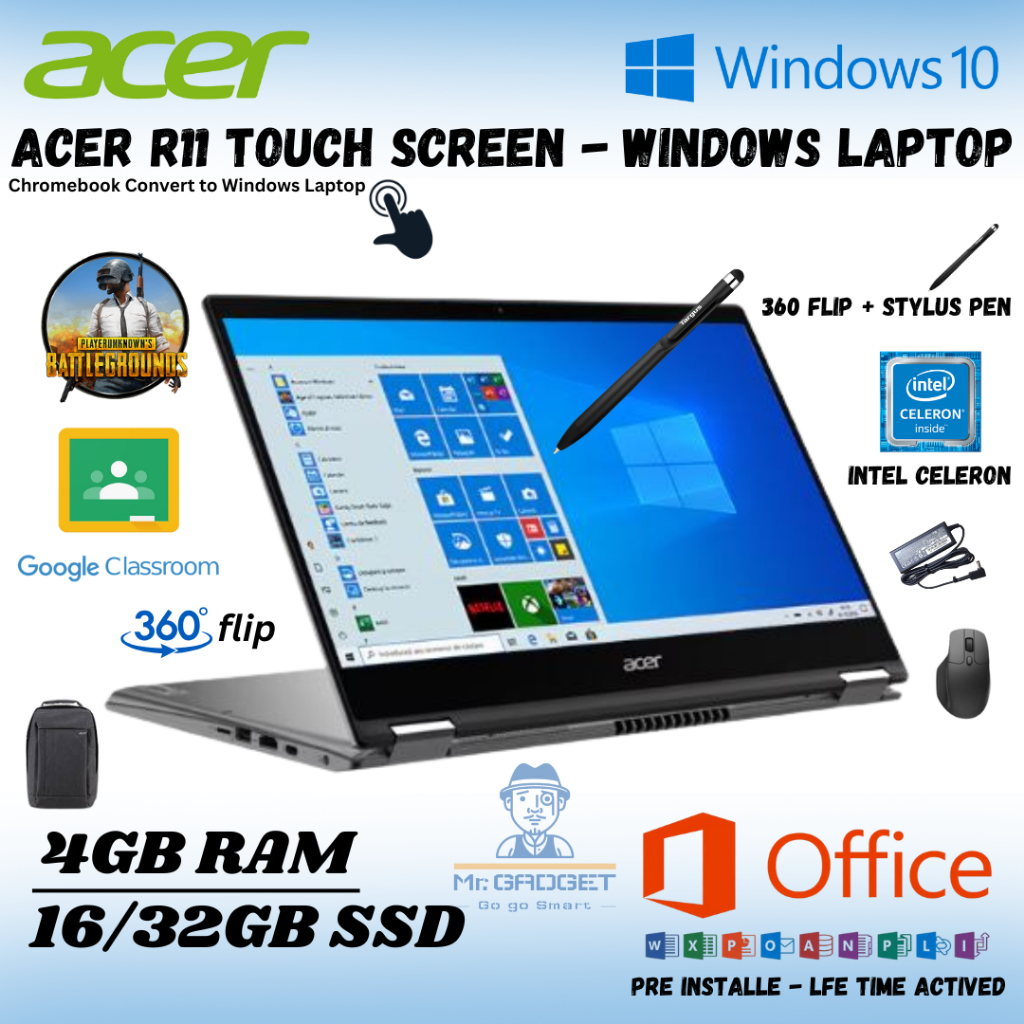 (Refurbished) Acer R11 Touch screen flip Design Windows 10 PRO 4GB Ram ...