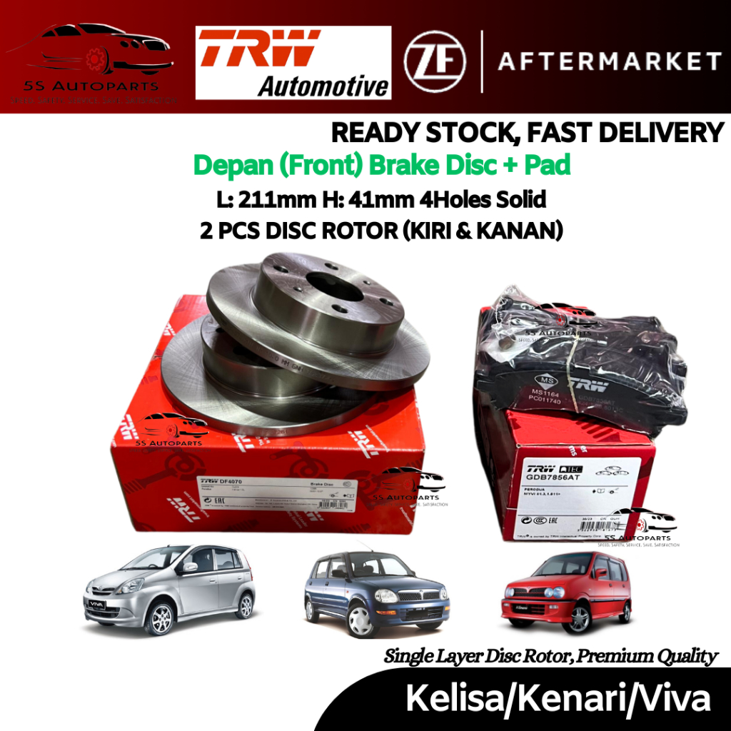 TRW Perodua Viva / Kelisa / Kenari Front (Depan) Disc Rotor (Single Layer) (2 PCS) & Disc Pad ...