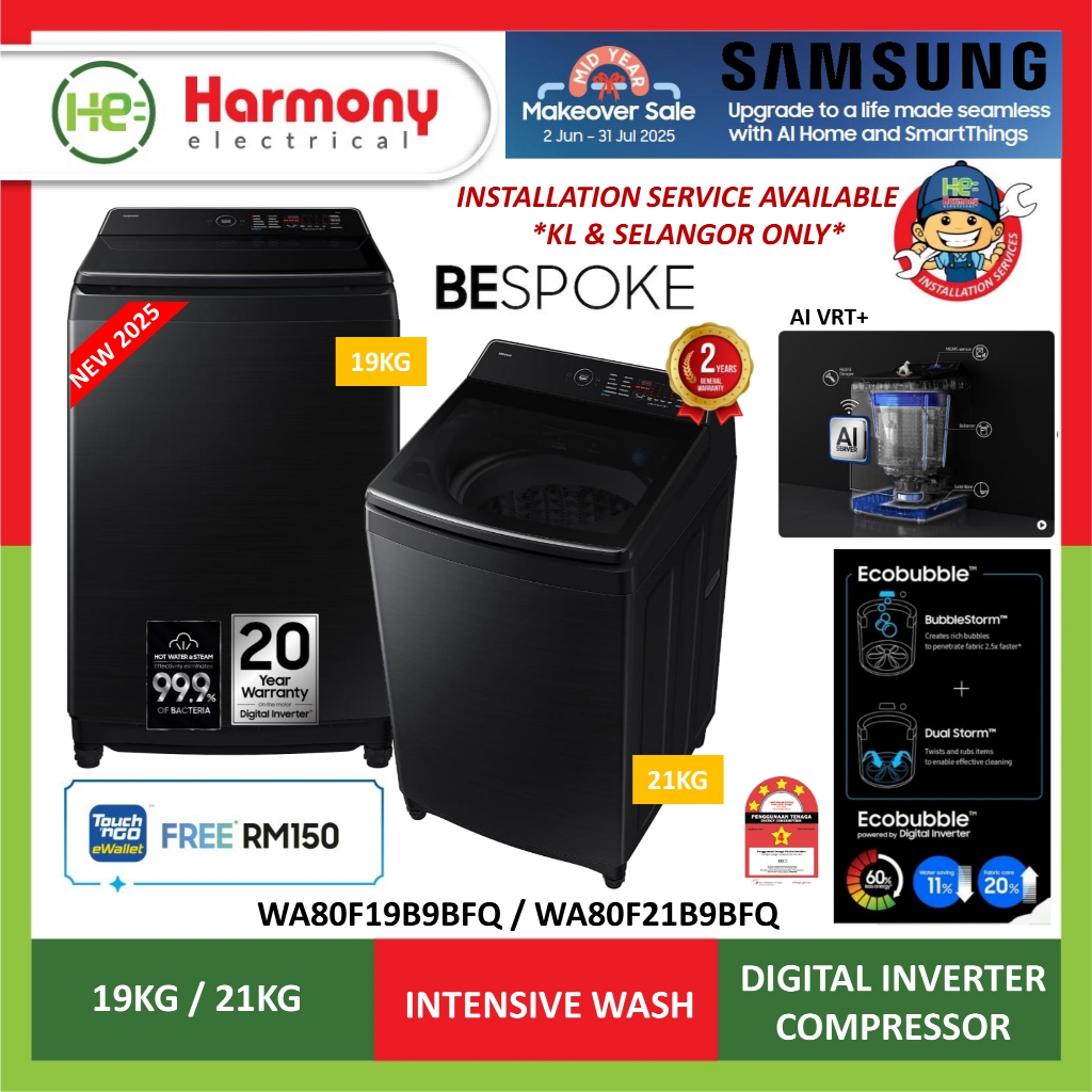 (FREE DELIVERY KL) SAMSUNG 19kg / 21kg Top Load BESPOKE Washing Machine WA80F19B9BFQ ...