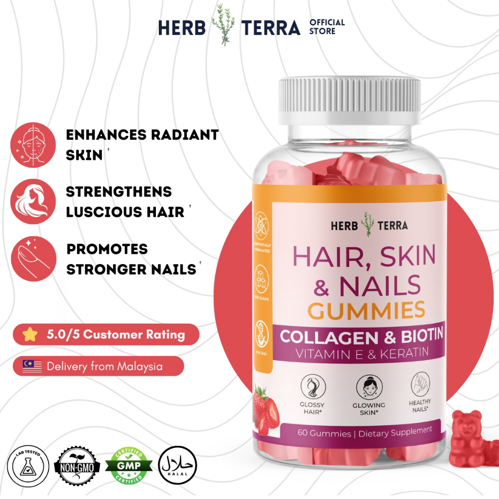 Herb Terra Hair, Skin & Nail Health Strawberry Gummies with Biotin and Collagen, Women's Dietary ...