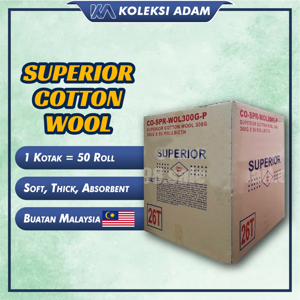 Superior Cotton Wool 300g x 50 Rolls (1 Kotak) – Klinik, Jenazah ...