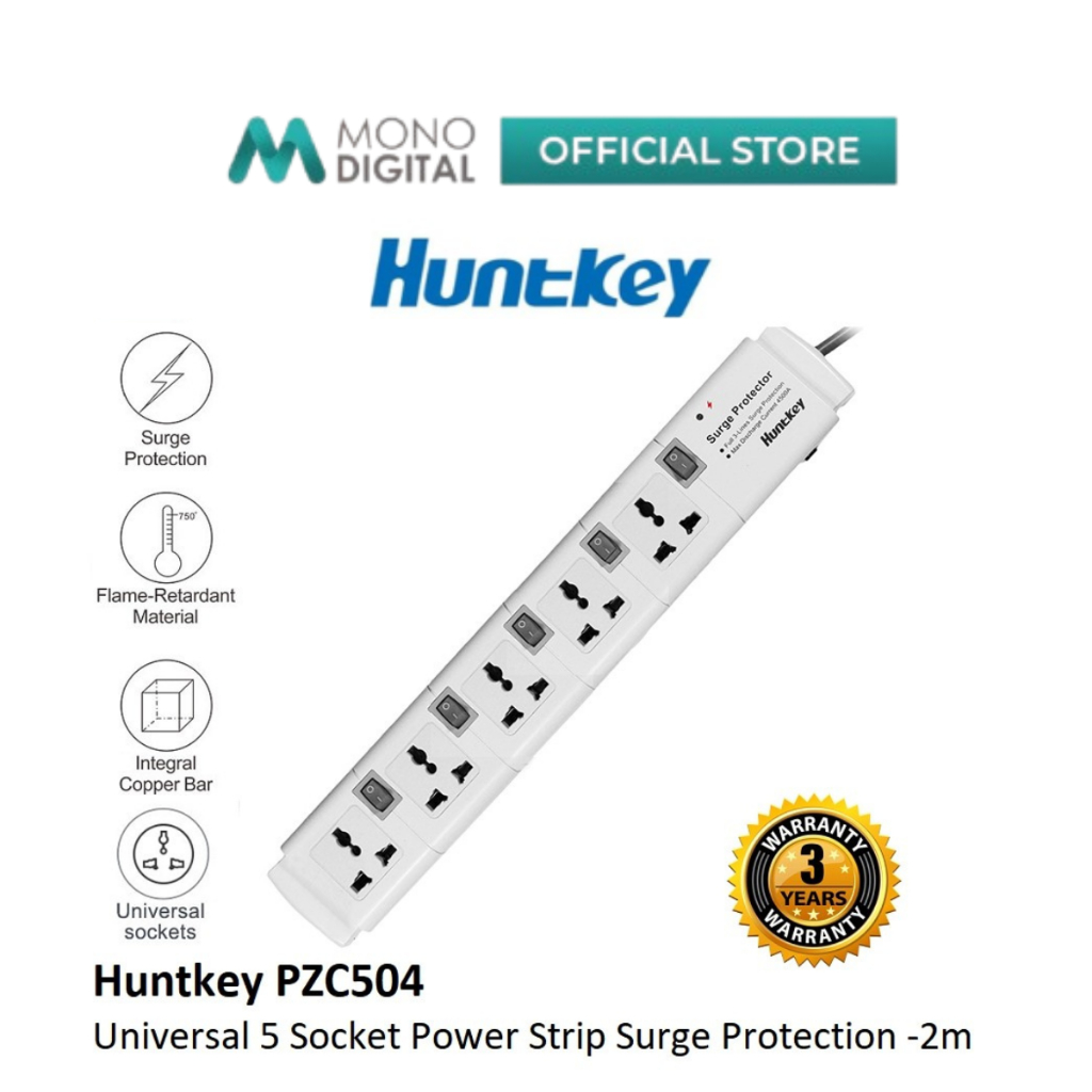 HUNTKEY PZC504-3 / PZC504-5M POWER STRIP SURGE PROTECTOR 5 PLUGS ( 2 ...