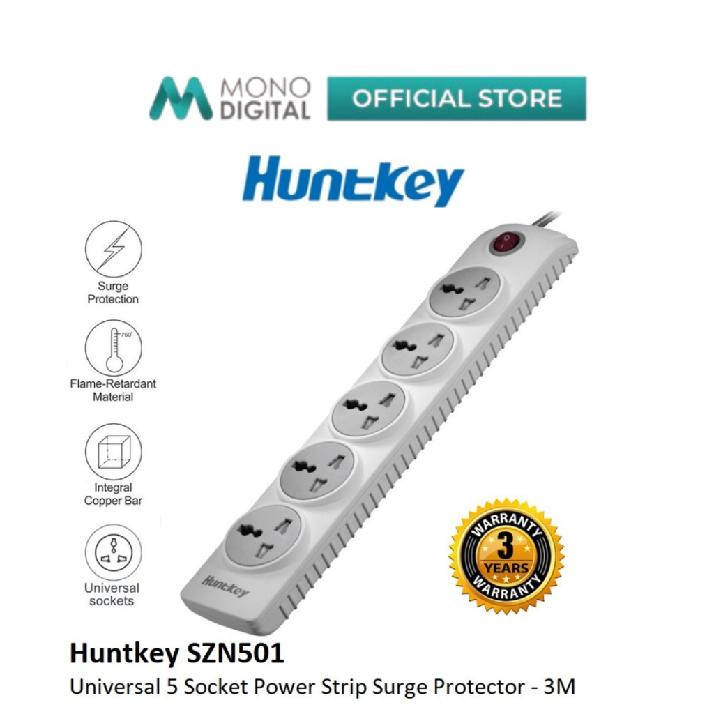 HUNTKEY SZN501 5 PLUGS 3METER POWER STRIP THUNDER SURGE PROTECTOR ...