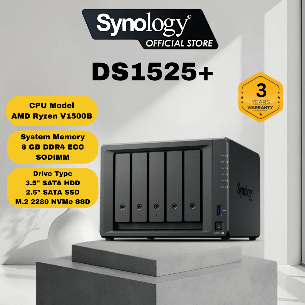 SYNOLOGY DS1525+ NAS DISKSTATION 5 BAYS WITH 2 BUILT-IN 2.5GbE PORTS ...