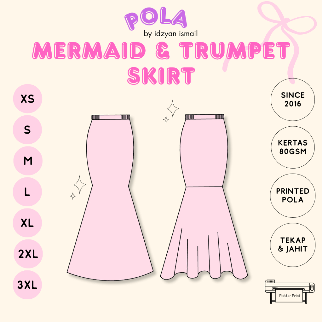 MUDAH JAHIT POLA KAIN DUYUNG POLA MERMAID SKIRT (XS-3XL) POLA DEWASA ...