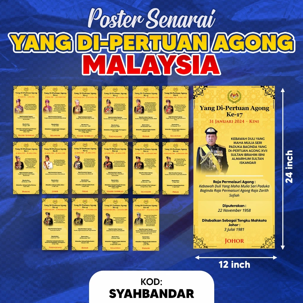 SET 17PCS YANG DI-PERTUAN AGONG MALAYSIA SAIZ 1X2 KAKI (DESIGN TERKINI ...
